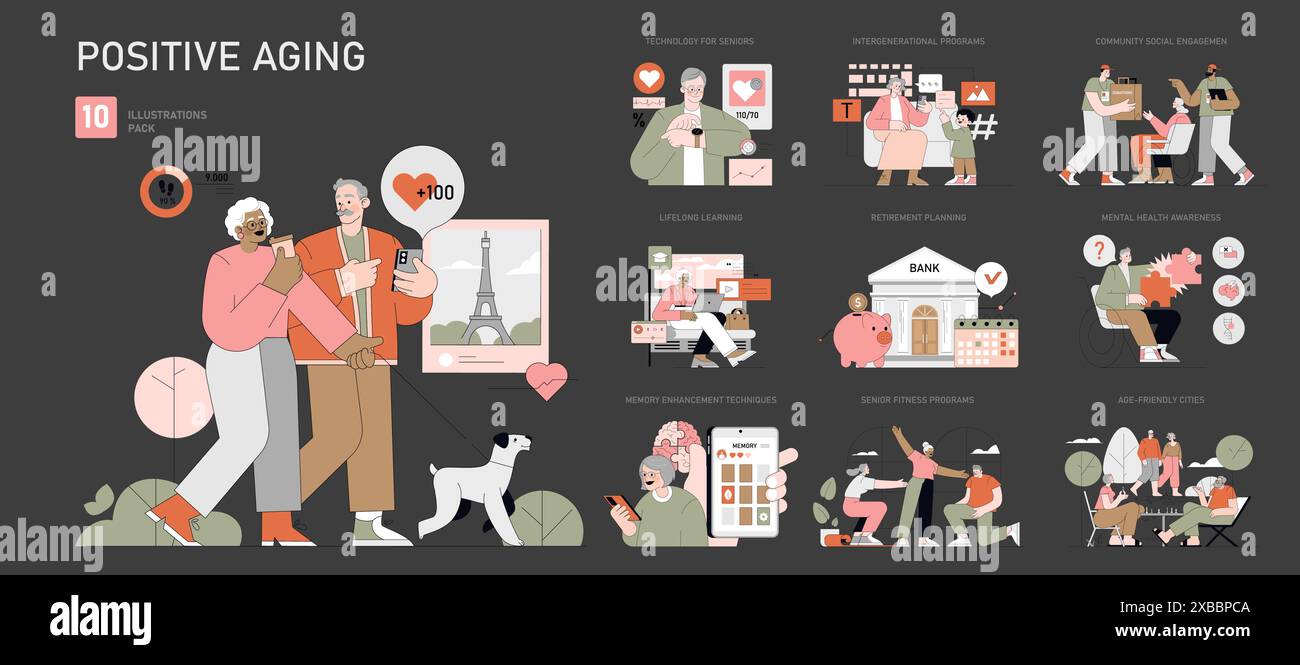 Positive Aging set. Illustrations portray elderly engagement with technology, learning, fitness ...