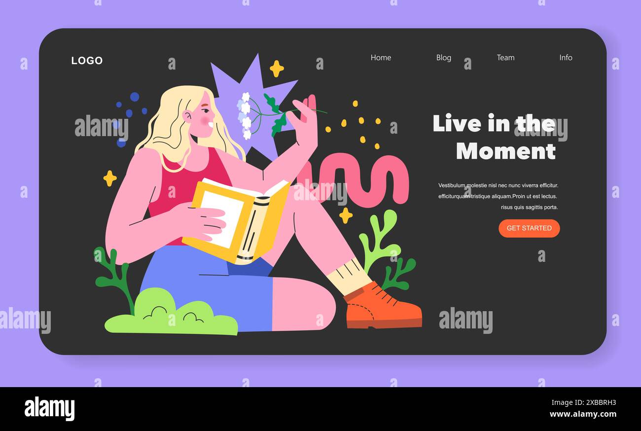 YOLO concept. Trendy young woman enjoying book outdoors, embracing ...