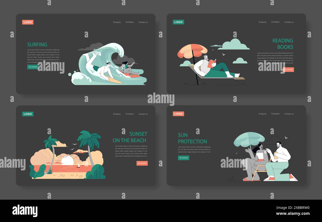 Summer Activities set. Illustrations of beach surfing, reading under an ...