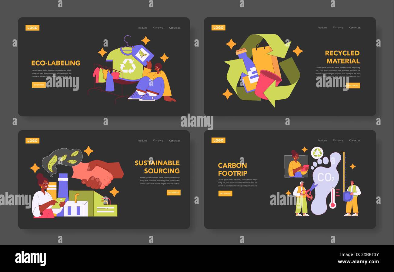 Sustainable Materials set. Eco-labeling, recycled content, sourcing, and carbon footprint ...