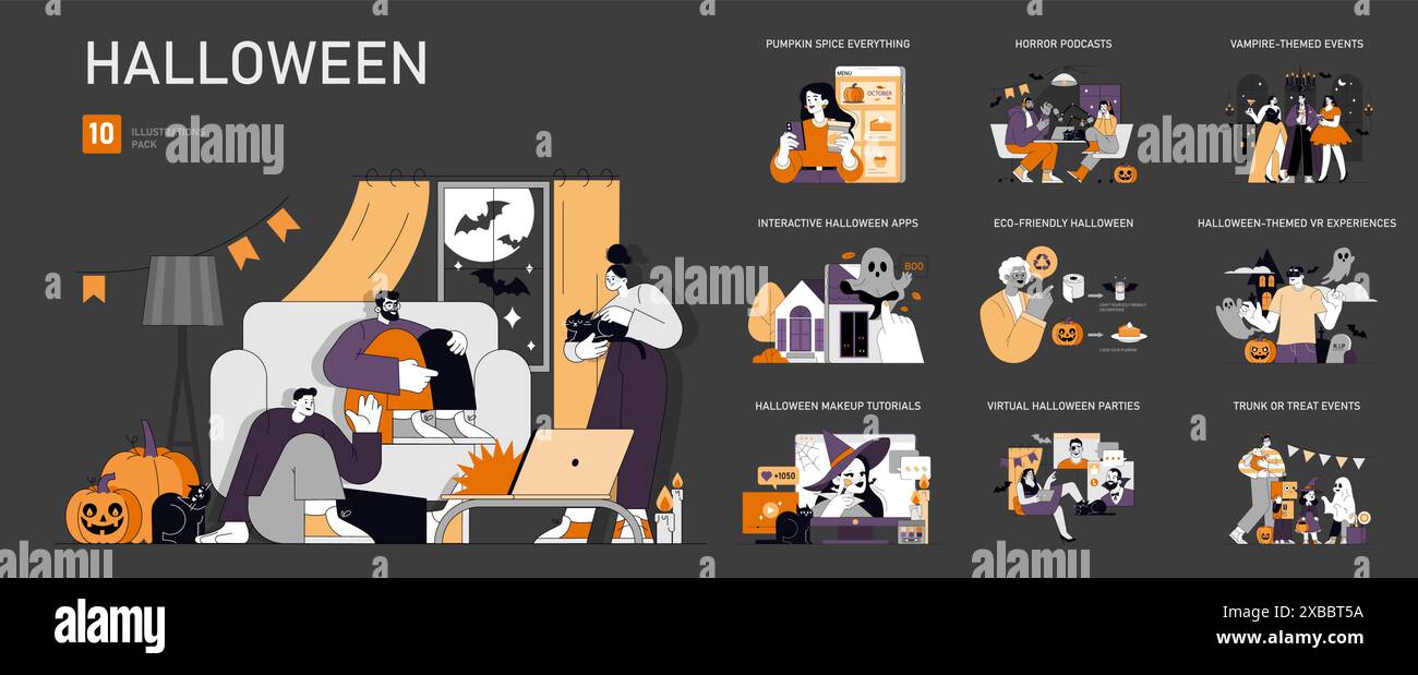Halloween set showcasing modern celebrations with technology. Pumpkin ...