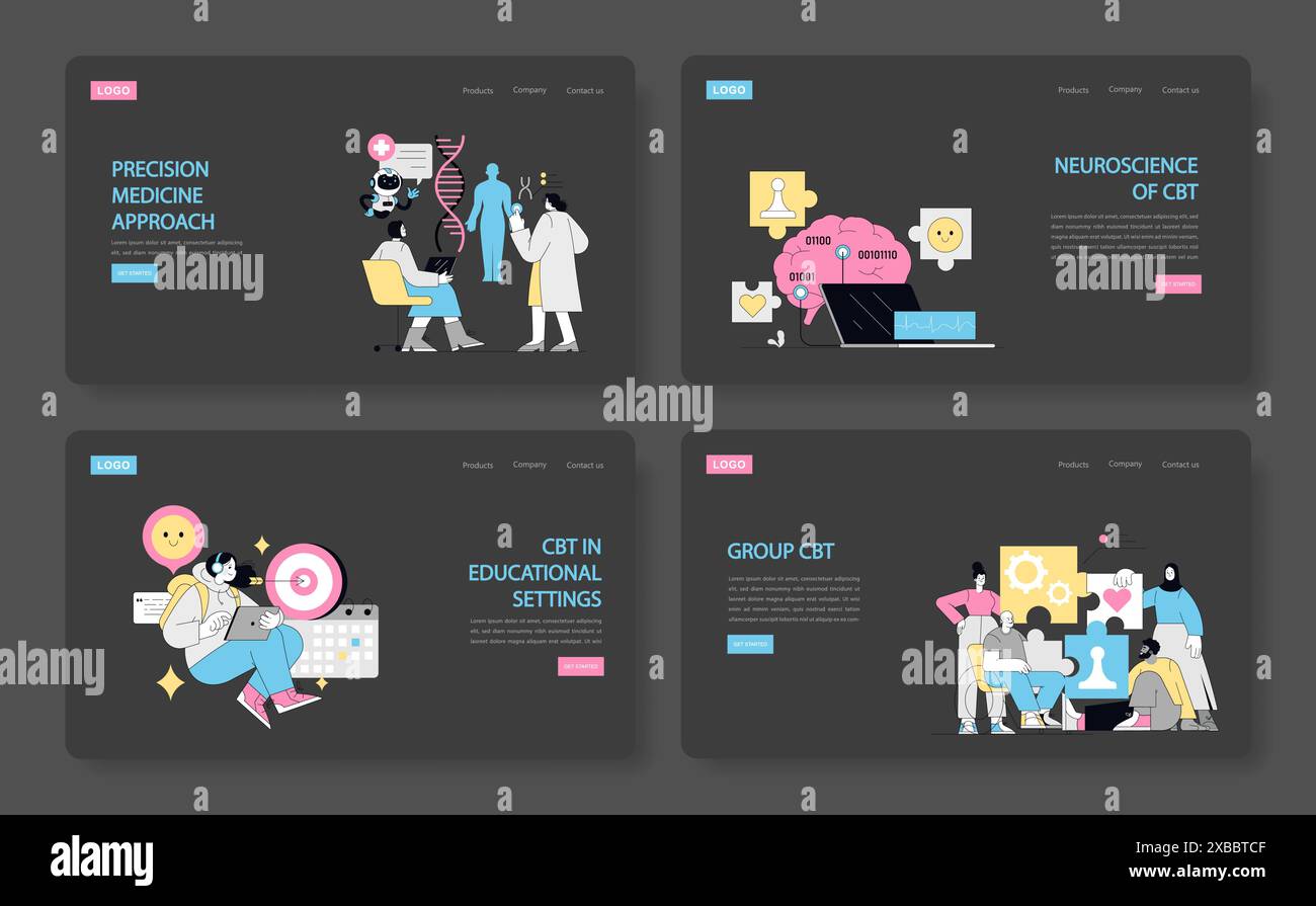 Cognitive Behavioral Therapy set. Personalized treatment, neuroscience study, academic learning ...