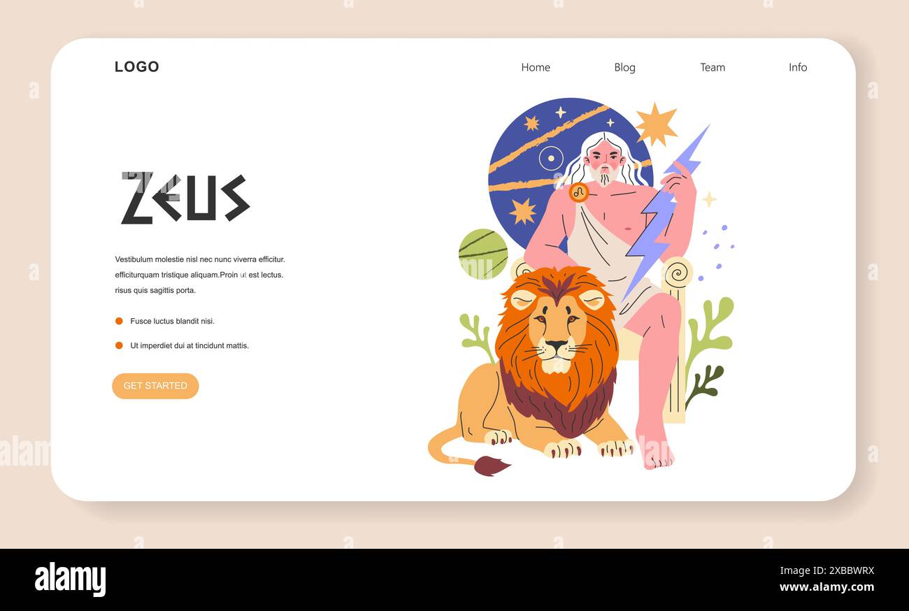 Ancient Greek Gods concept. Artistic depiction of Zeus with lightning and lion representing ...