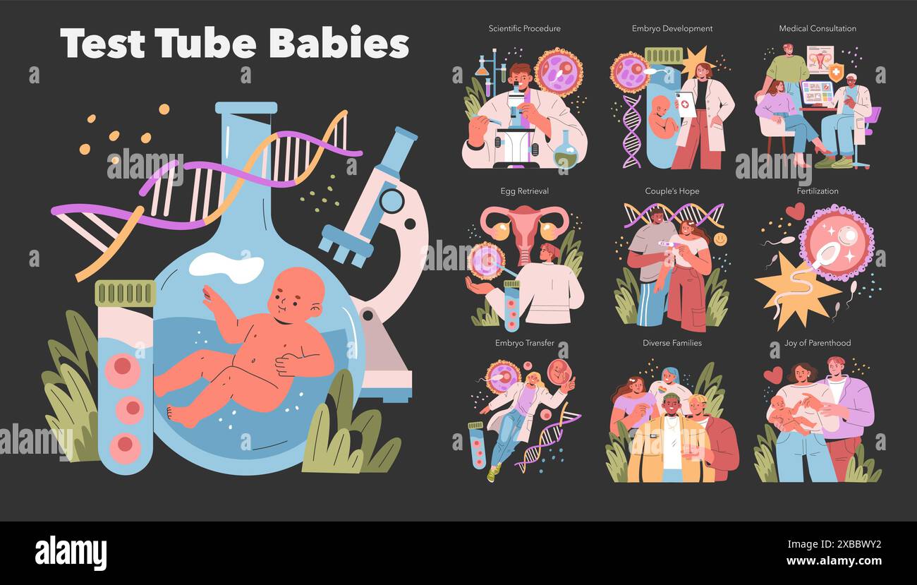 Test Tube Babies concept. An educational illustration showcasing the ...