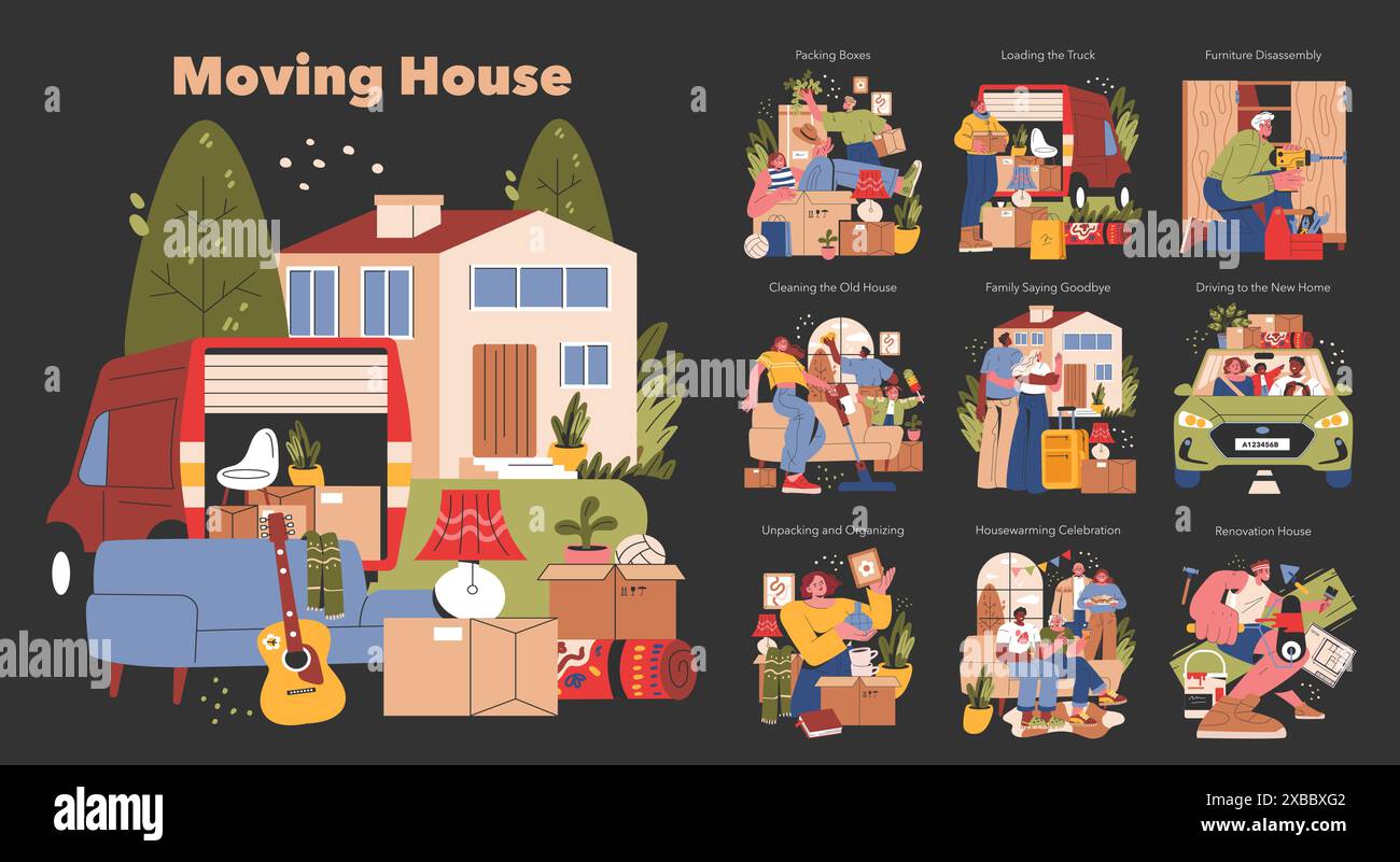 Moving House set. Steps of relocation from packing to housewarming ...