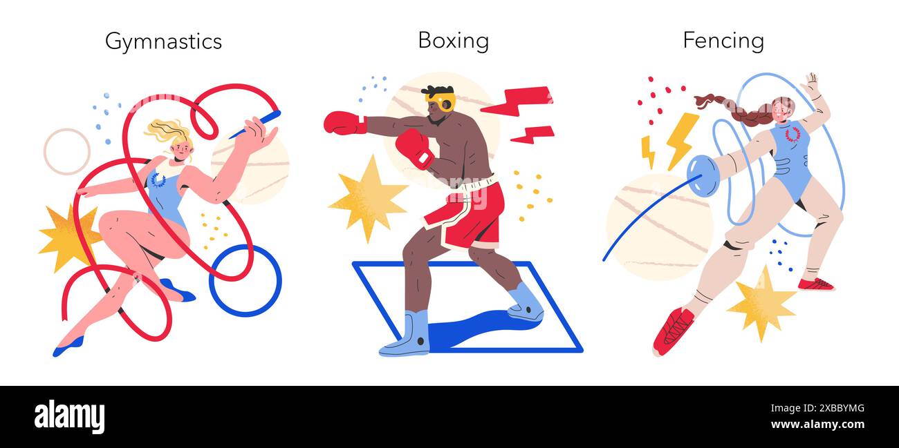 Olympic Sports set. Artistic gymnast, boxer, and fencer in dynamic ...