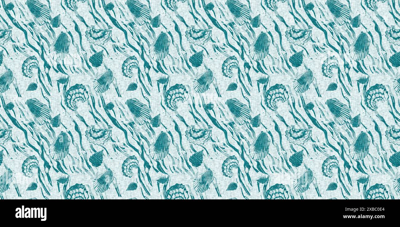 Teal turquoise blue white shell motif with linen seamless batik border ...