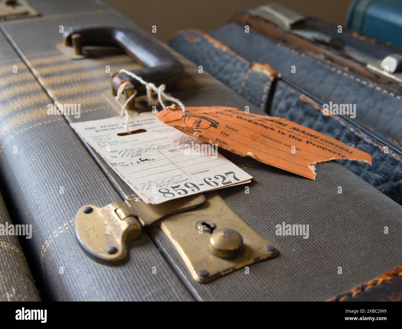 Old vintage luggage with train railroad tags Stock Photo - Alamy