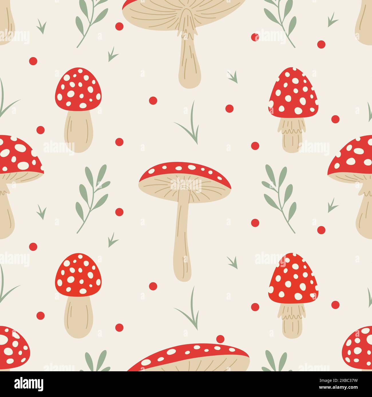 Vector Seamless Pattern With Hand Drawn Cartoon Fly Agaric Mushrooms