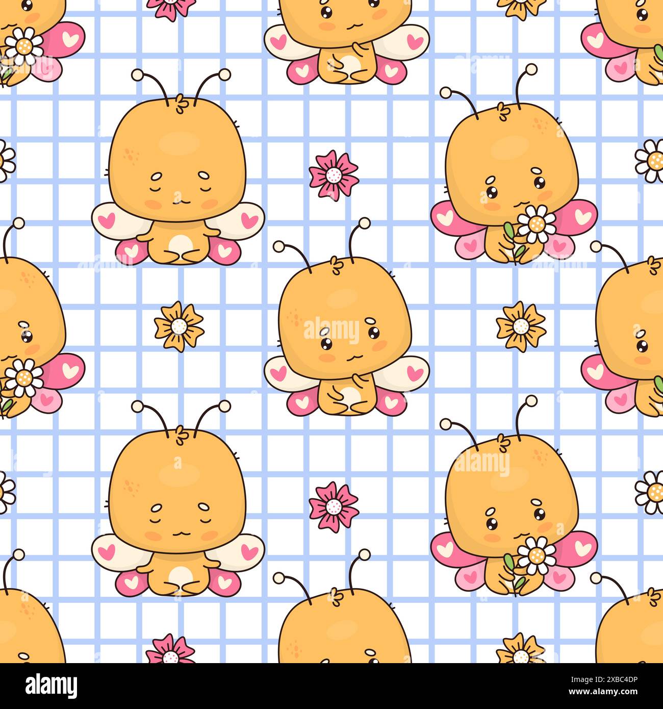 Seamless pattern with funny butterfly on checkered white background ...