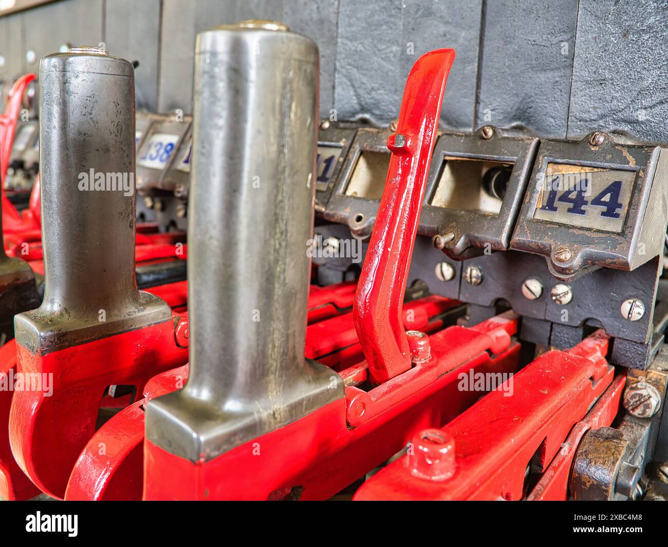 Interlocking railroad train signal switching machine handles Stock ...