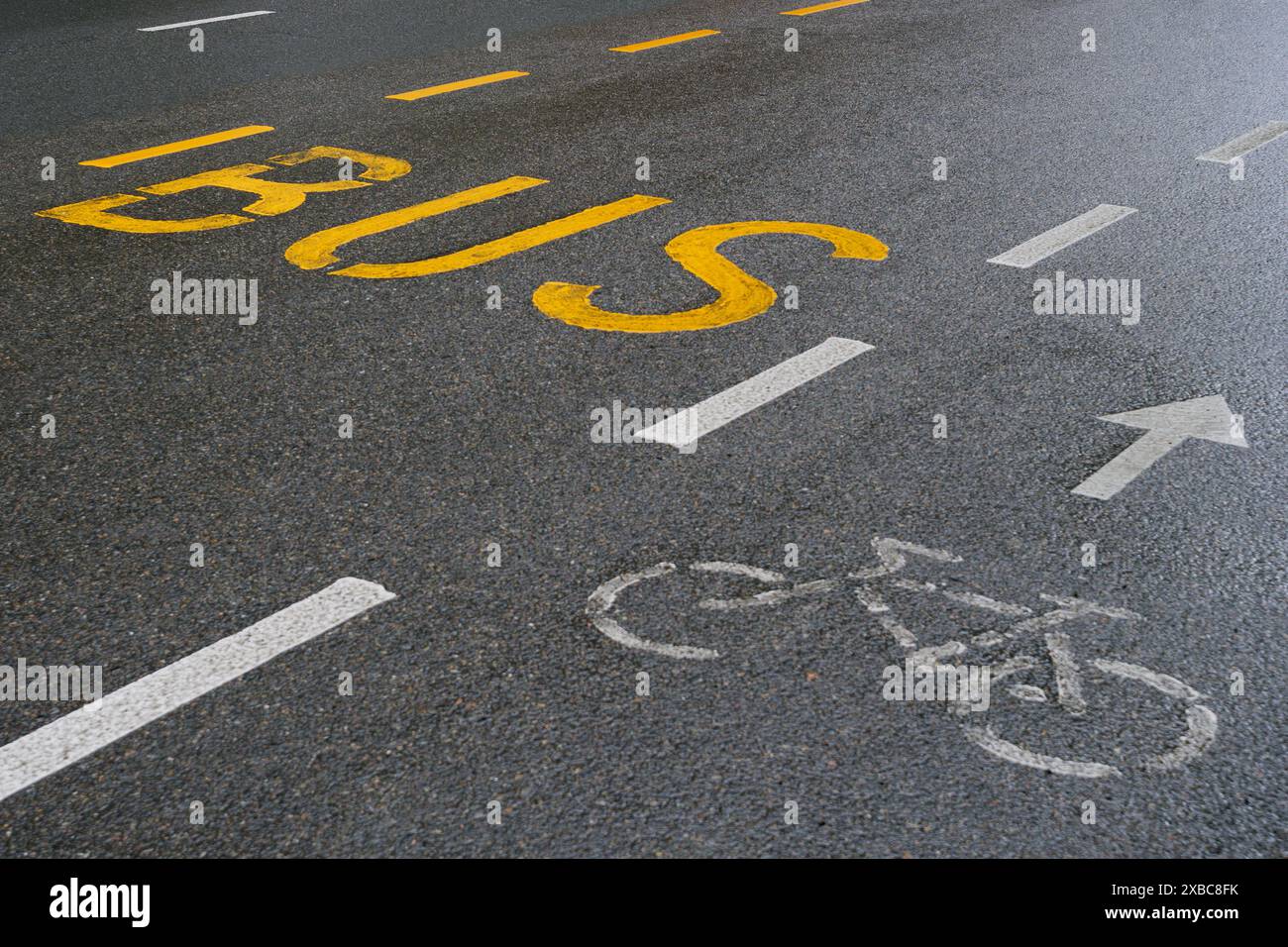 A paved city street with yellow markings designating a bus lane and ...