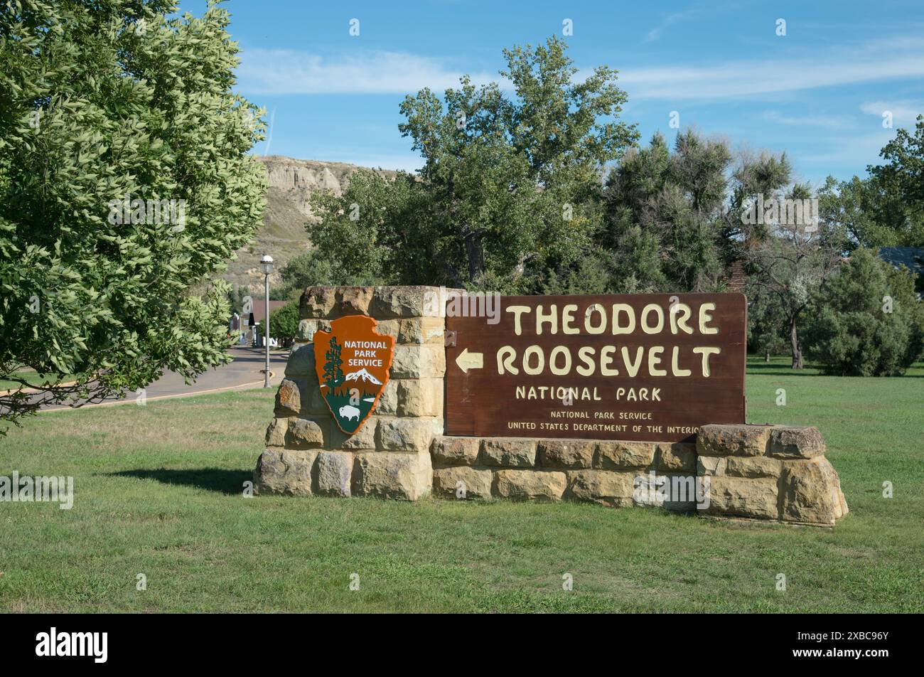 Theodore Roosevelt National Park sign, Medora, North Dakota, USA Stock ...
