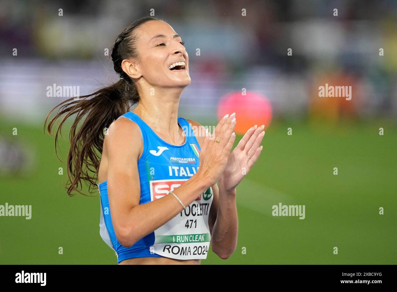 Nadia Battocletti, of Italy, celebrates after crossing the finish line ...
