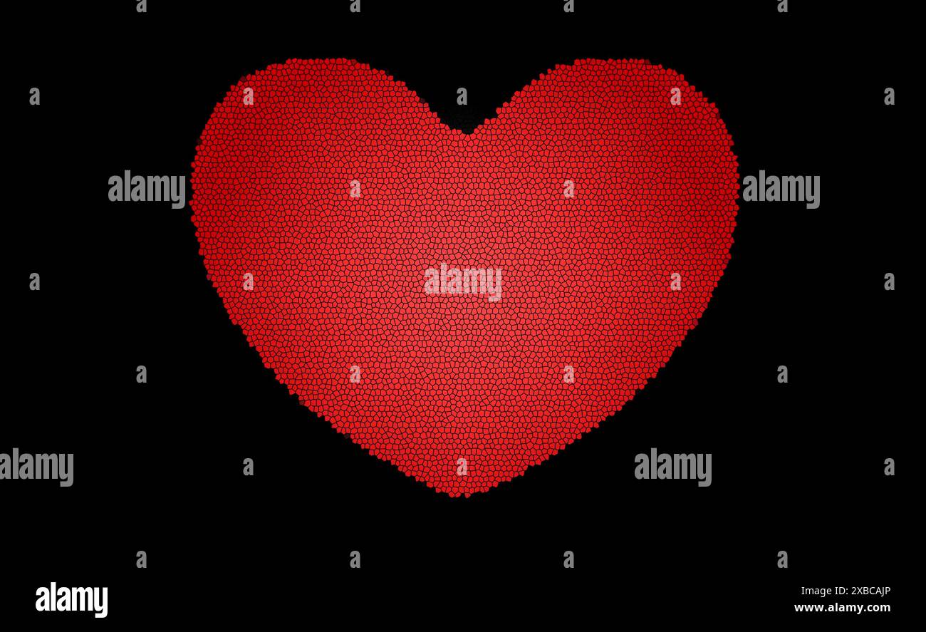 A pixelated red heart composed of numerous small dots set against a ...