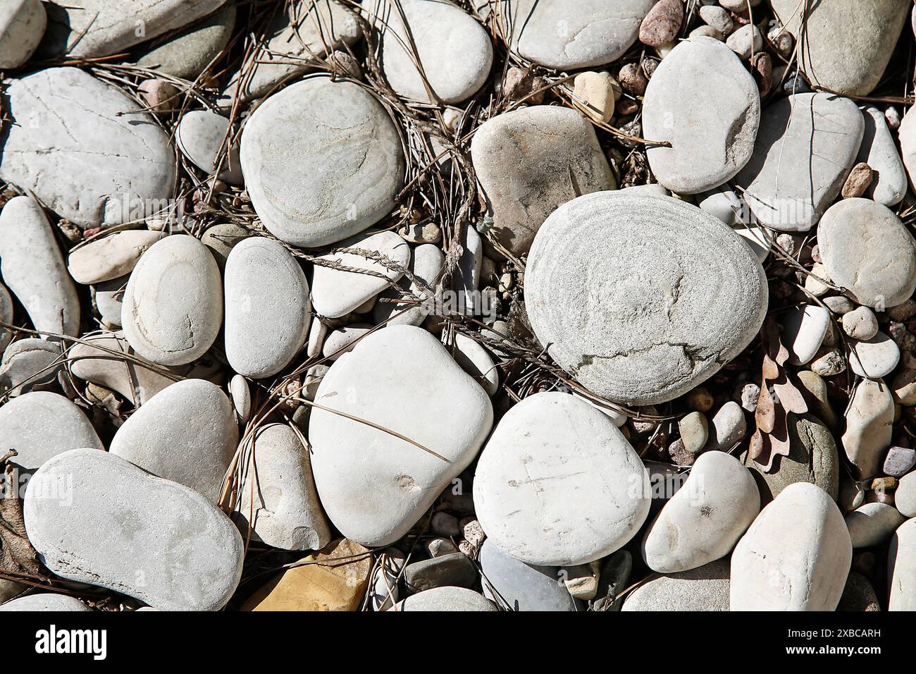 Stones and pebbles of various sizes and shades of white and grey ...