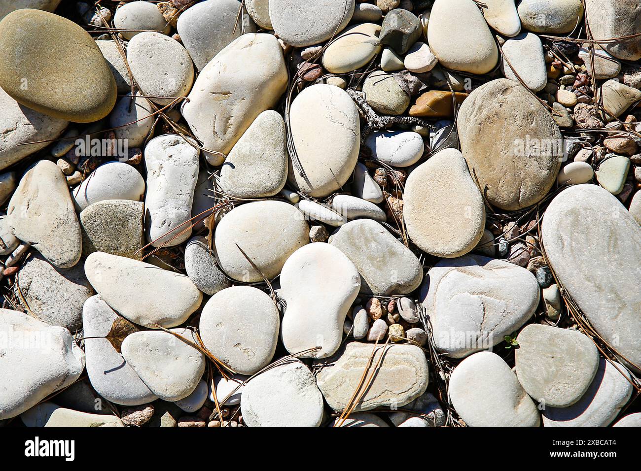 A collection of beige and grey pebbles and stones forming a natural ...