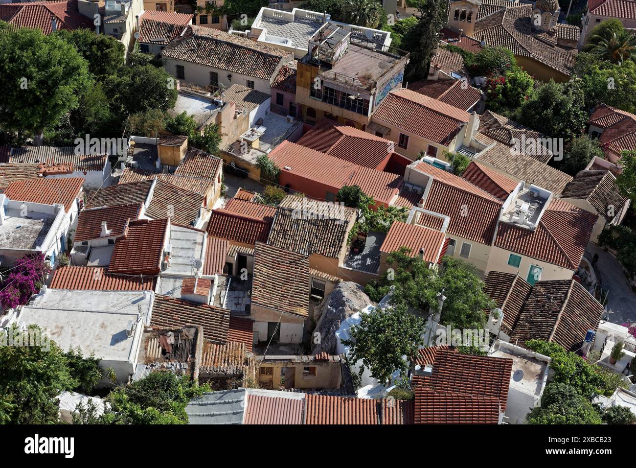 View over the rooftops of Anafiotika, residential neighbourhood with ...
