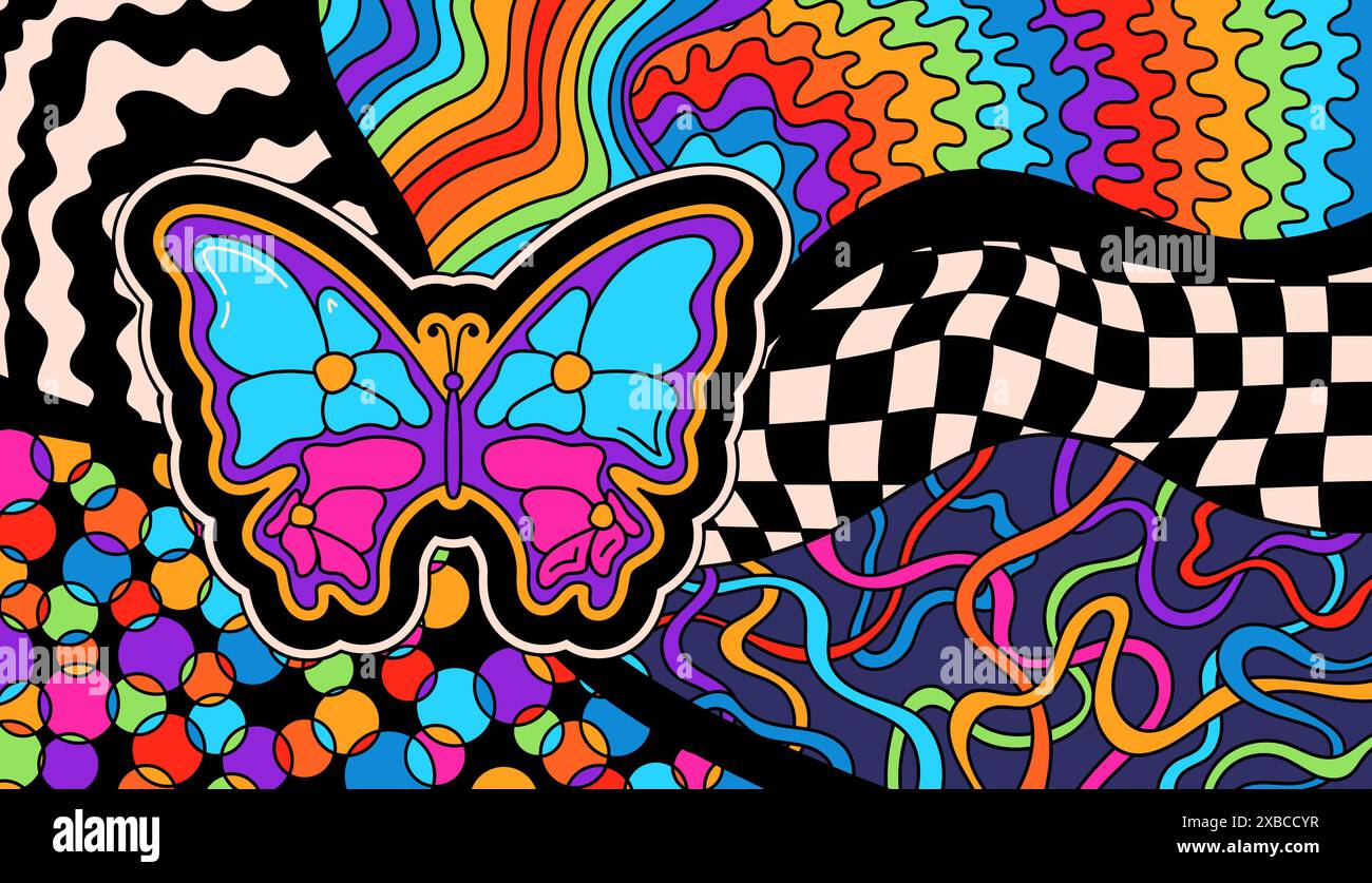 Psychedelic groovy butterfly. Zentangle coloring page for adult Stock ...