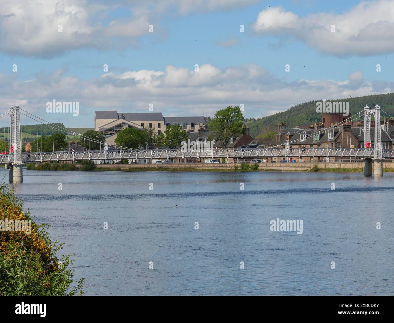 Suspension bridge over a river, surrounded by urban buildings and a ...