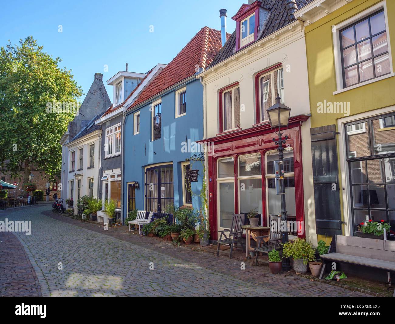 Row of beautifully restored historic houses on a quiet street with ...