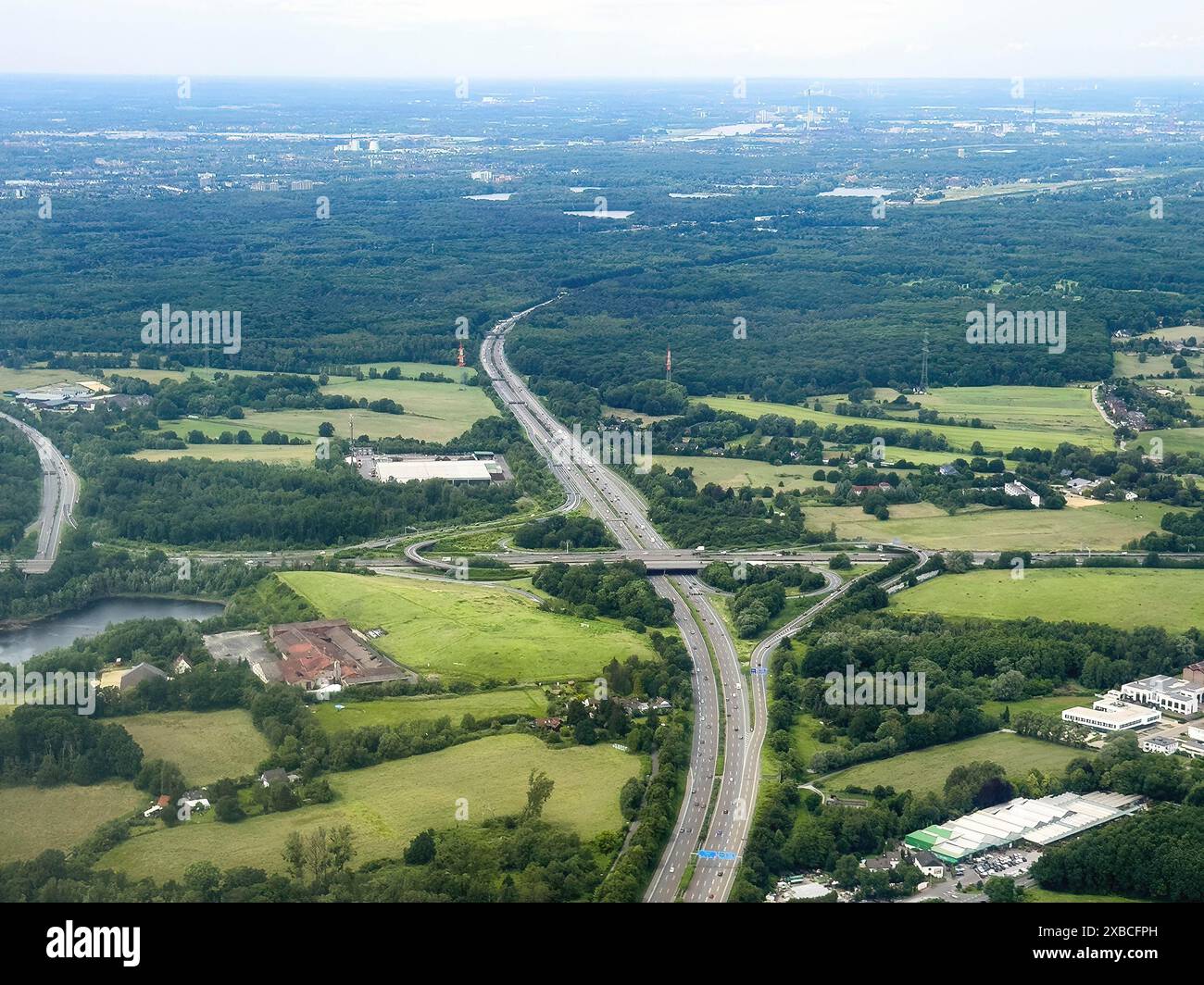 Aerial view of motorway junction Kreuz Breitscheid on motorway A3 A52 ...
