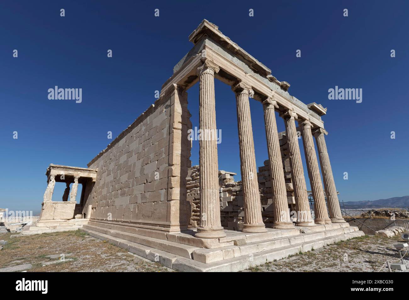 Erechteion east facade, blue sky, temple in Doric architectural style, Acropolis, Athens, Greece ...