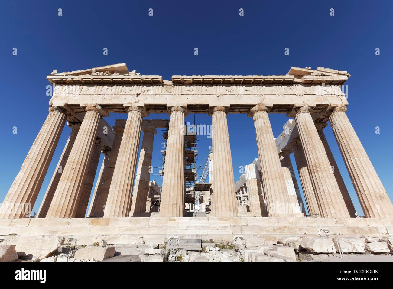 Parthenon east facade, blue sky, temple with Doric columns, Acropolis, Athens, Greece Stock ...