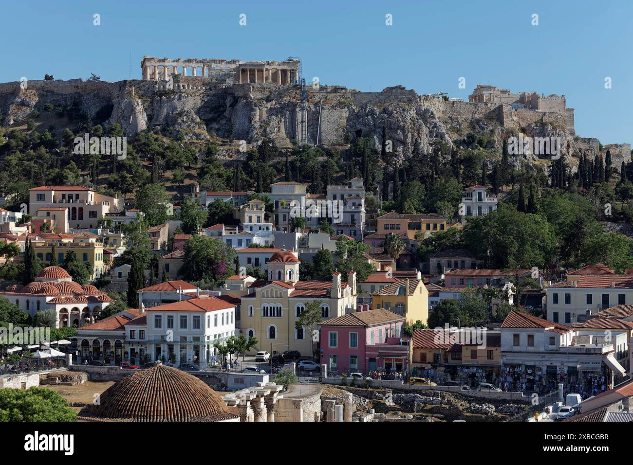 View of the old town district Plaka and Acropolis, Athens, Greece Stock ...