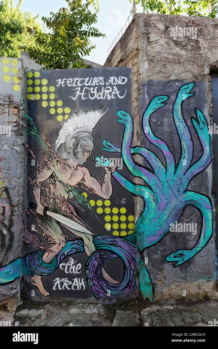 Hercules fighting Hydra, mural by street artist The Krah, Anafiotika ...