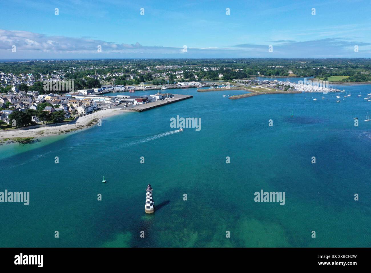 Aerial view Loctudy with harbour and lighthouse Tourelle des Perdrix, department Finistere Penn ...