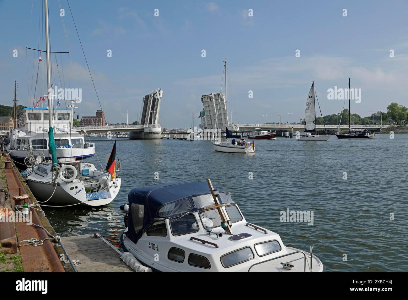Open bascule bridge, boats, harbour, Kappeln, Schlei, Schleswig ...