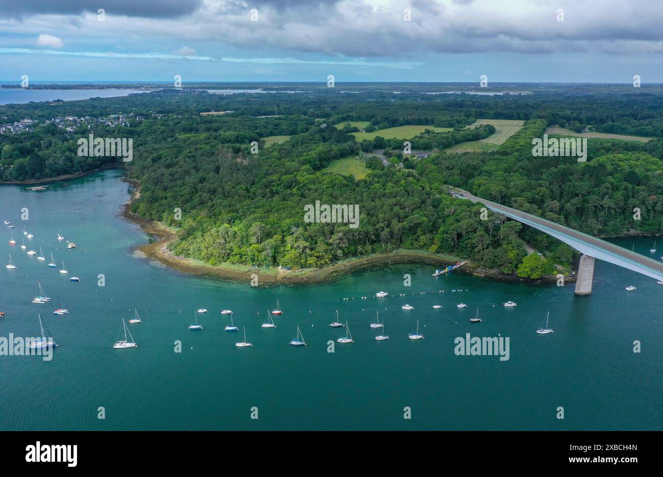 Aerial view mouth of the river Odet into the Atlantic Ocean with bridge ...