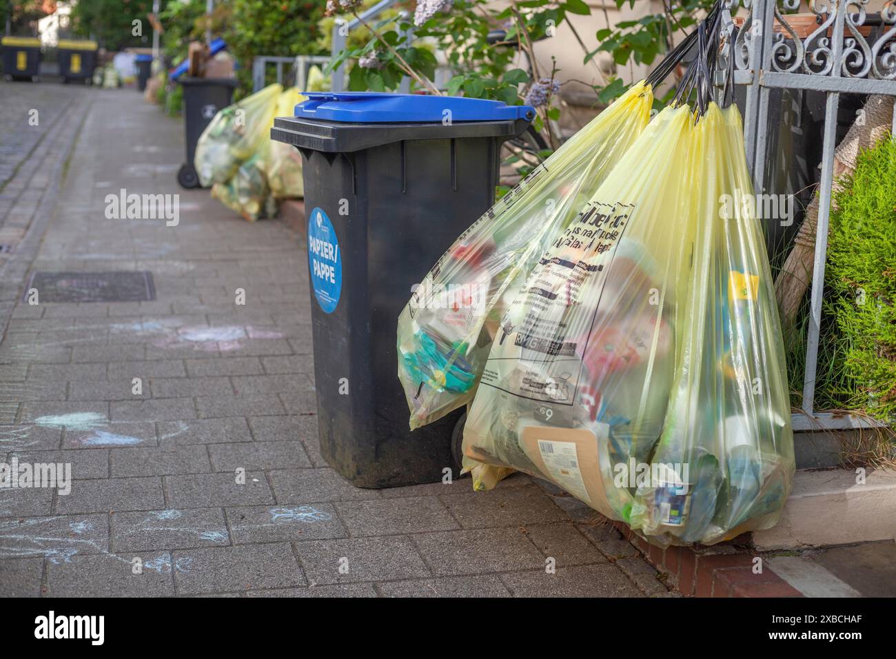 Yellow bags for plastic waste, hanging on a garden fence in front of a ...