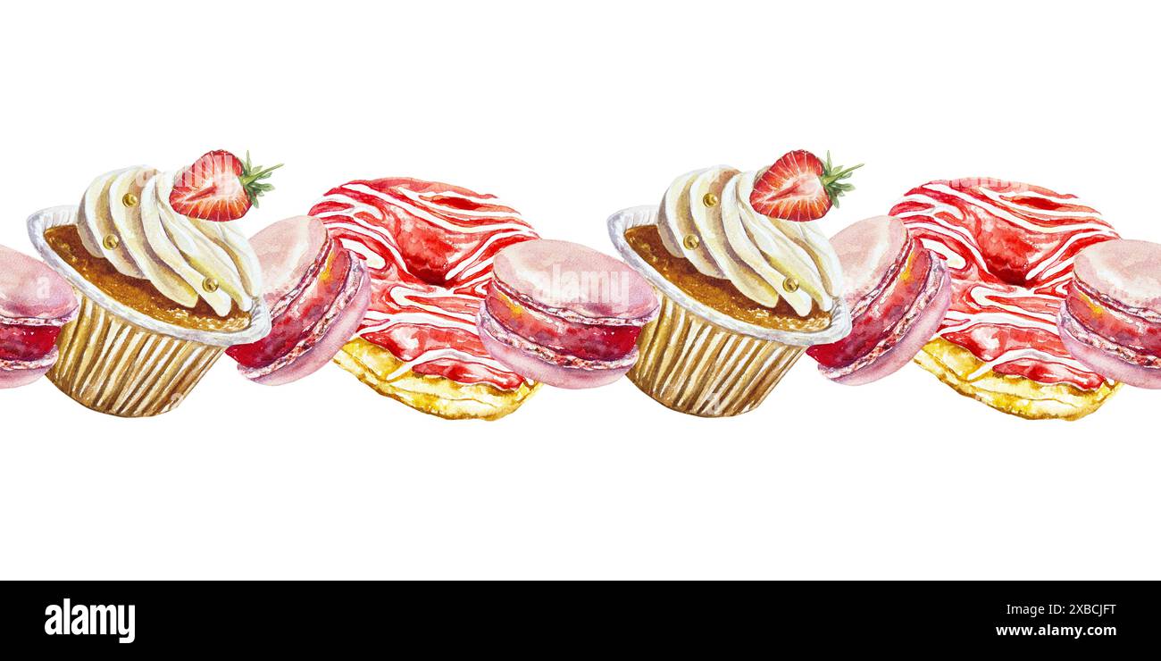 Cakes seamless border. Donut, muffin, macaroon, strawberry. Watercolor ...
