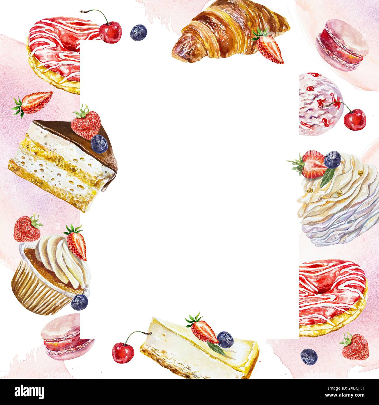 Cakes frame, template for menu. Donut, muffin, croissant, cheesecake ...