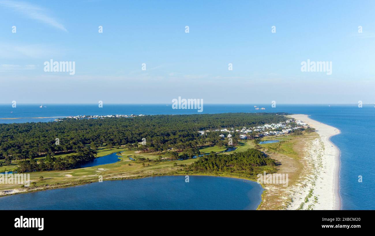 Aerial view of Pelican Cove and the beach at Dauphin Island, Alabama ...