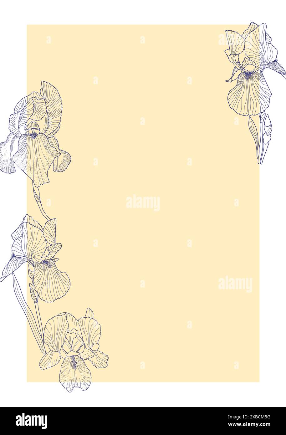 Iris flower, leaves card template outline hand drawn vector ...