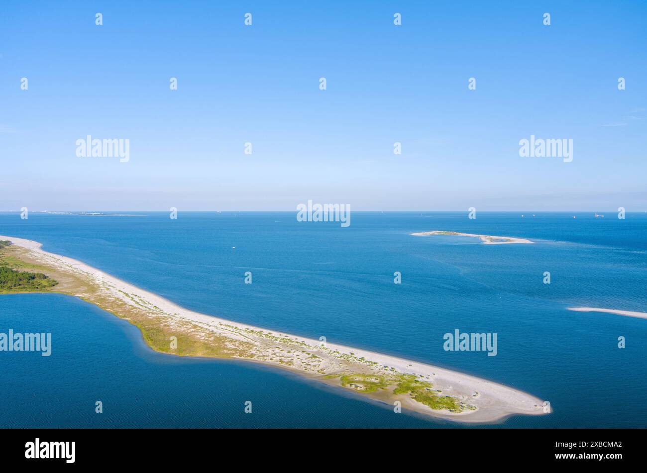 Aerial view of the beach at Pelican Peninsula in Dauphin Island ...