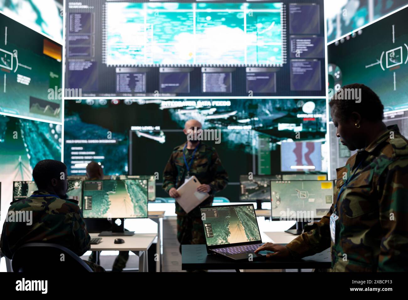 Female trooper working with federal reconnaissance satellite system in ...