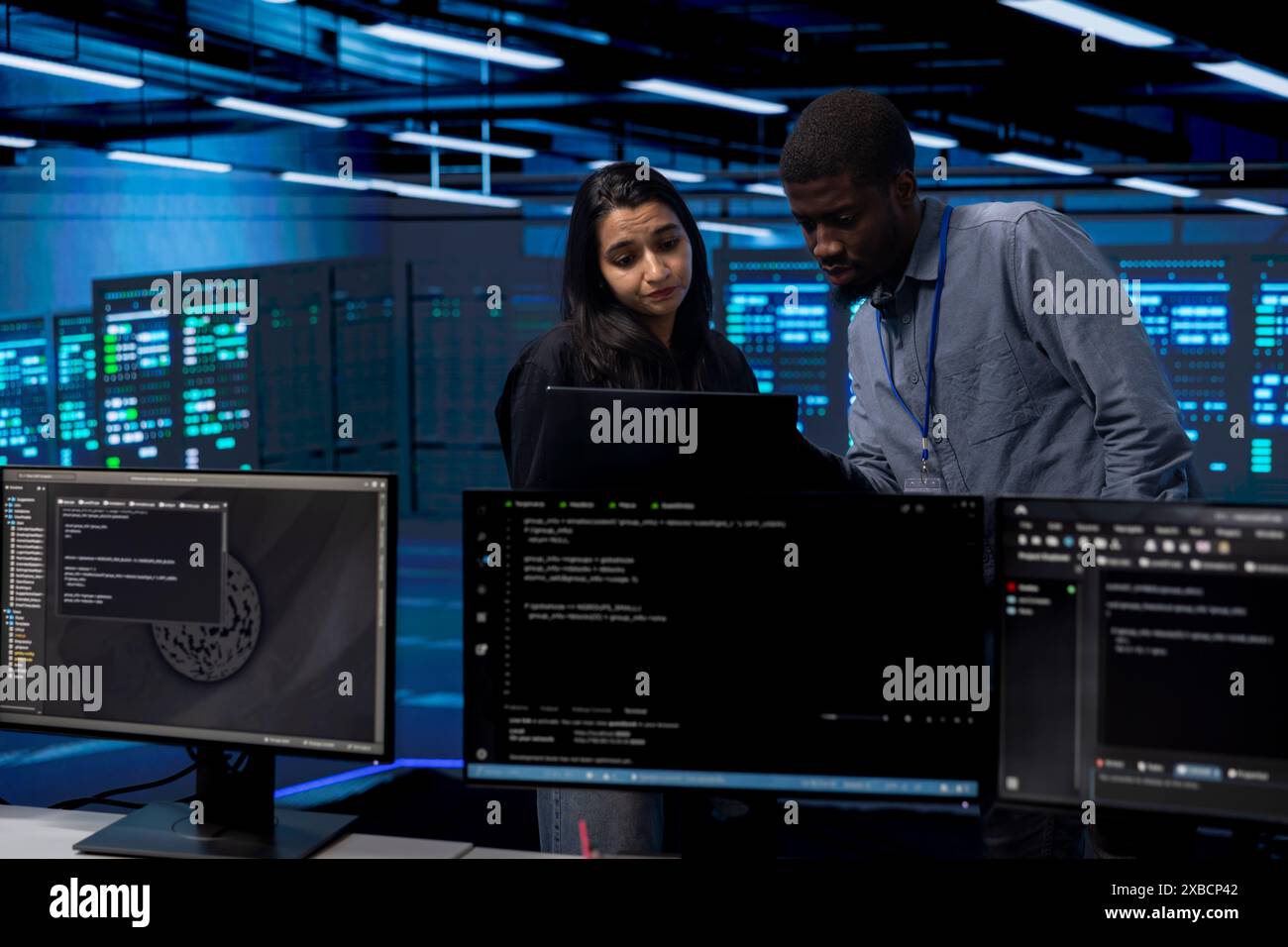 Technicians in data center using diagnostic tools such as event logs and system monitoring ...