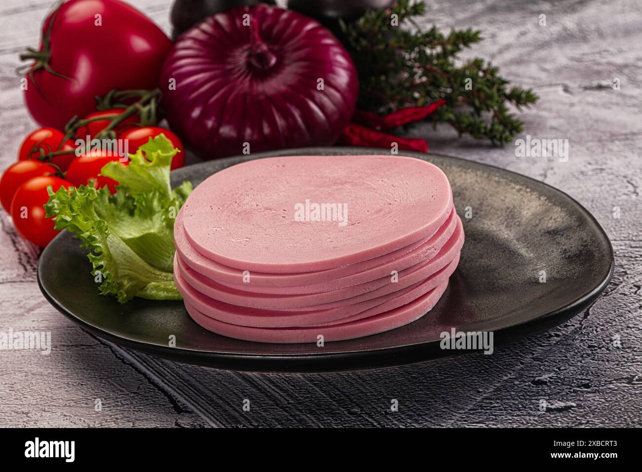 Boiled pork sliced sausage stack for breakfast Stock Photo - Alamy