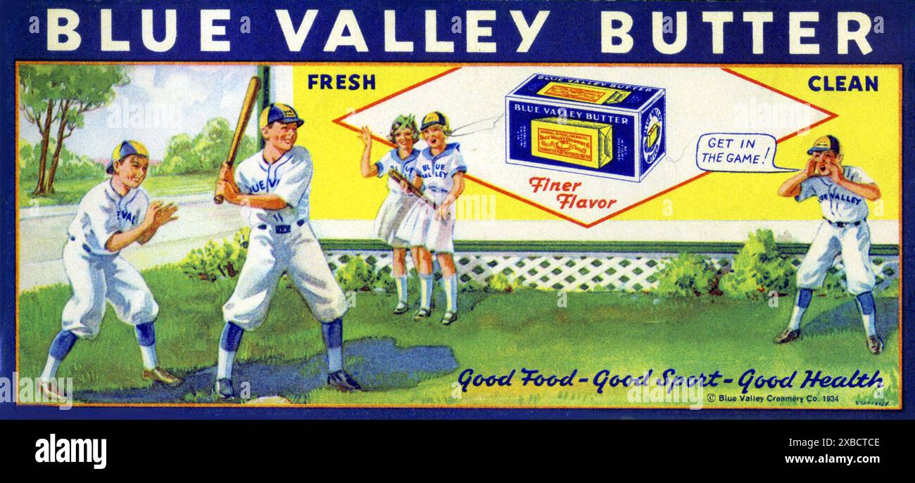 1930s era advertising card for Blue Valley Butter depicts boys playing ...