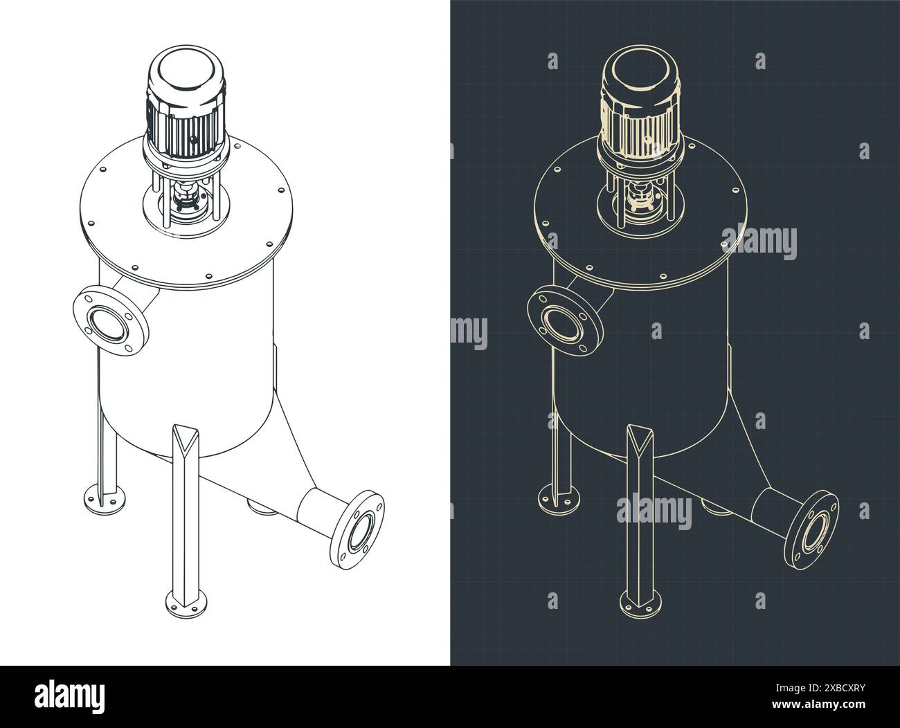 Stylized vector illustration of isometric blueprints of industrial tank ...
