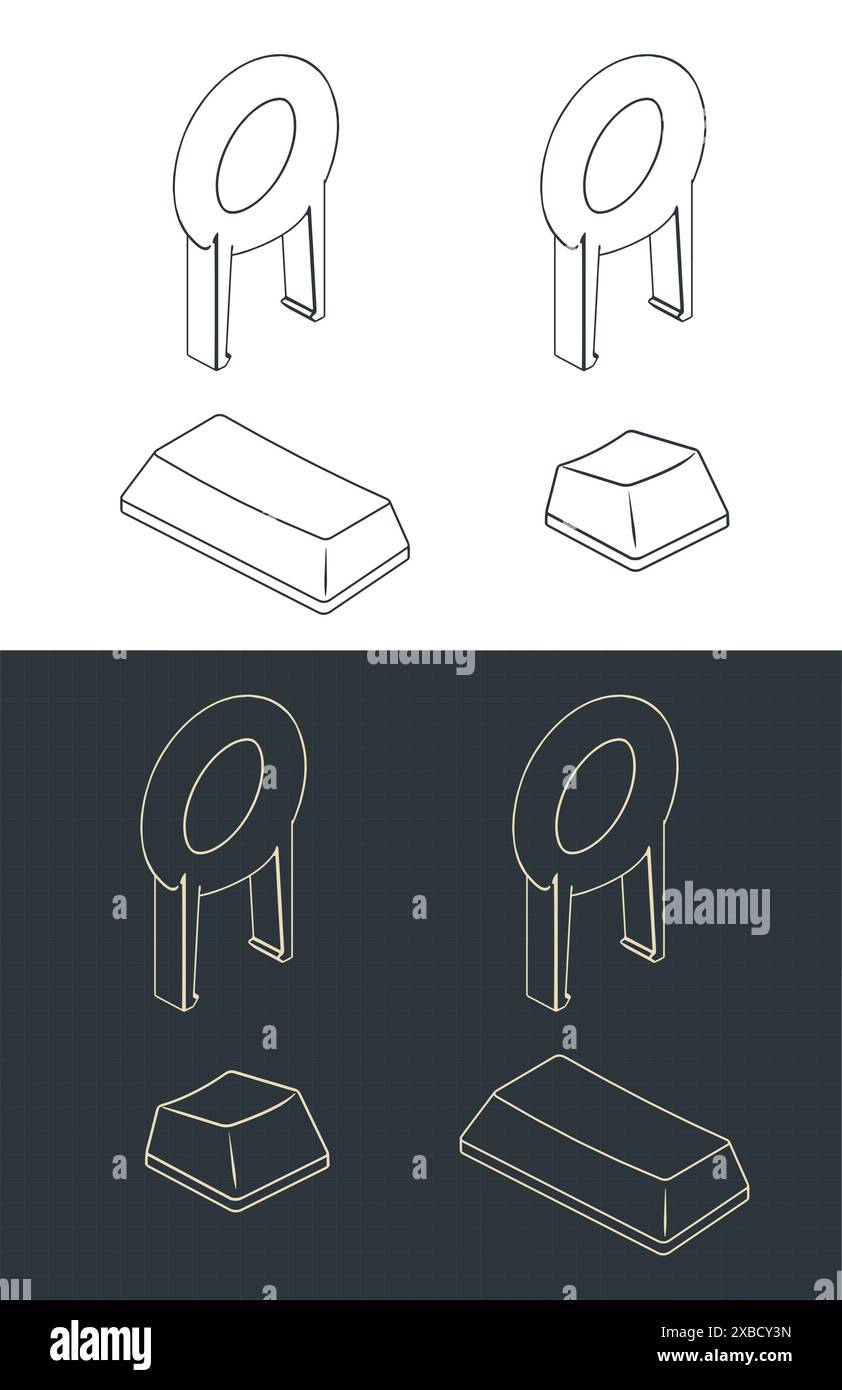 Stylized vector illustrations of isometric blueprints of keyboard ...