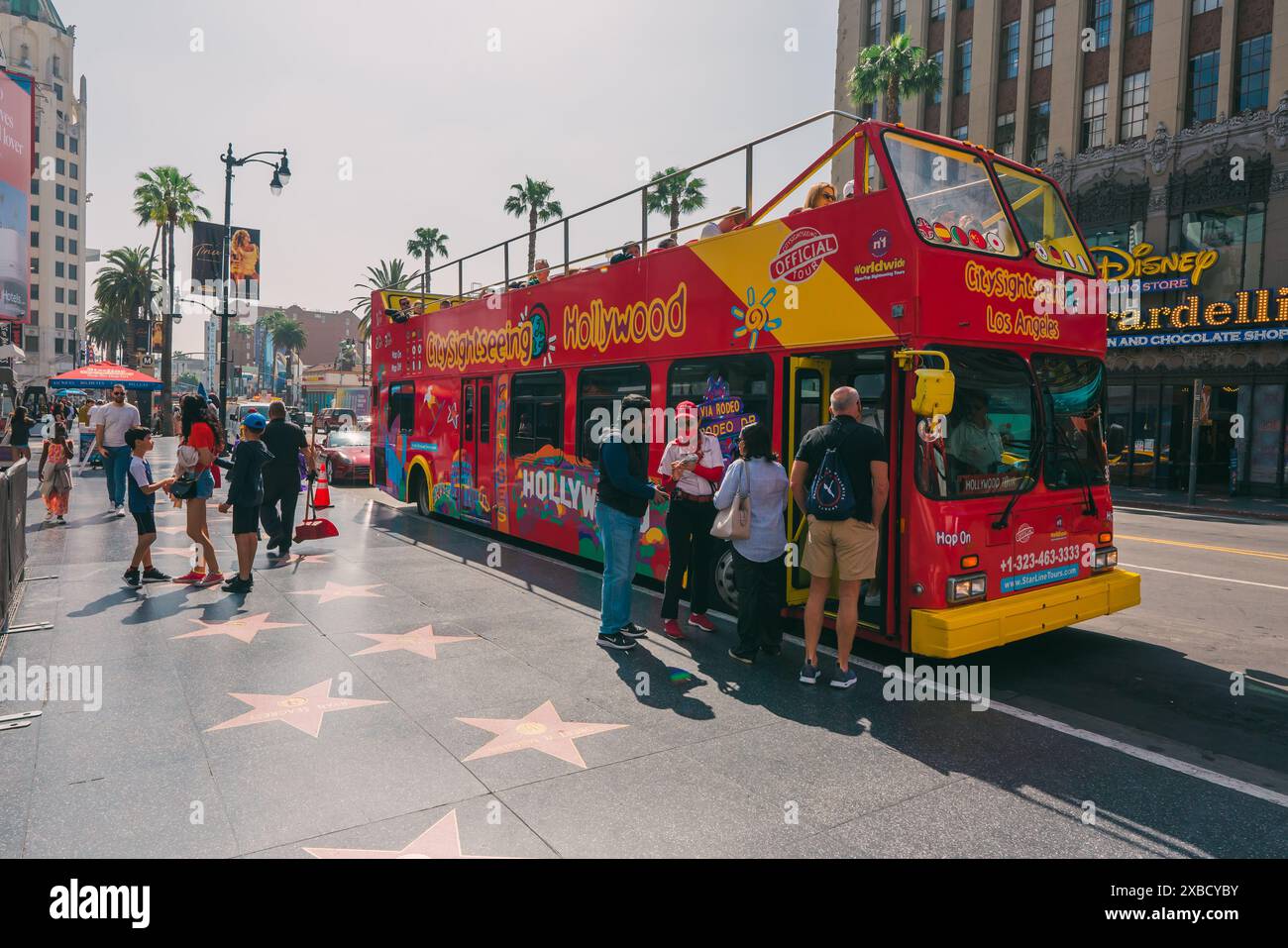 Hollywood, California, USA - April 26, 2023. Bus tours with panoramic ...