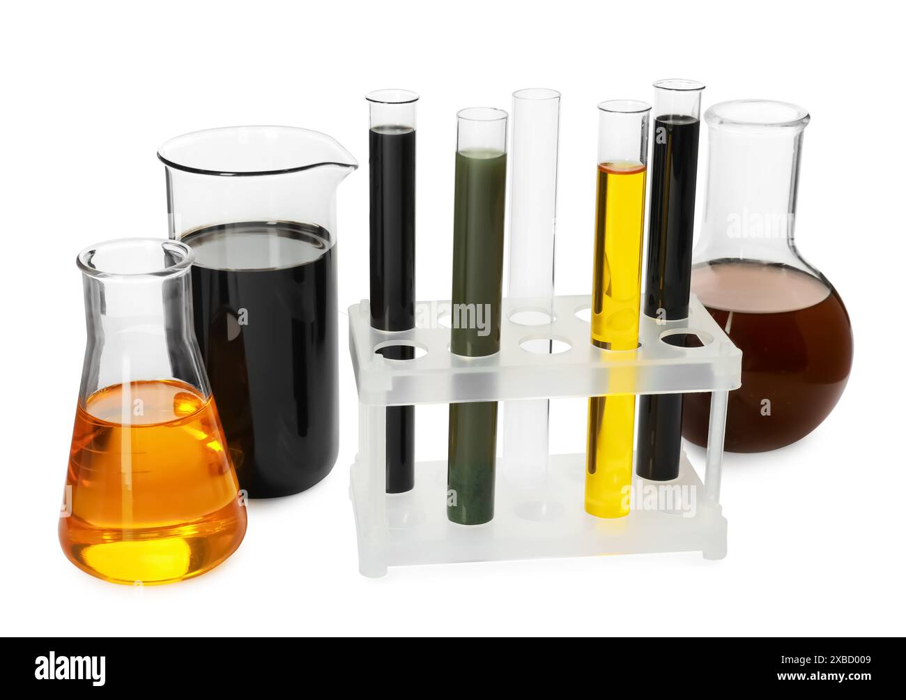 Beaker, test tubes and flasks with different types of oil isolated on ...