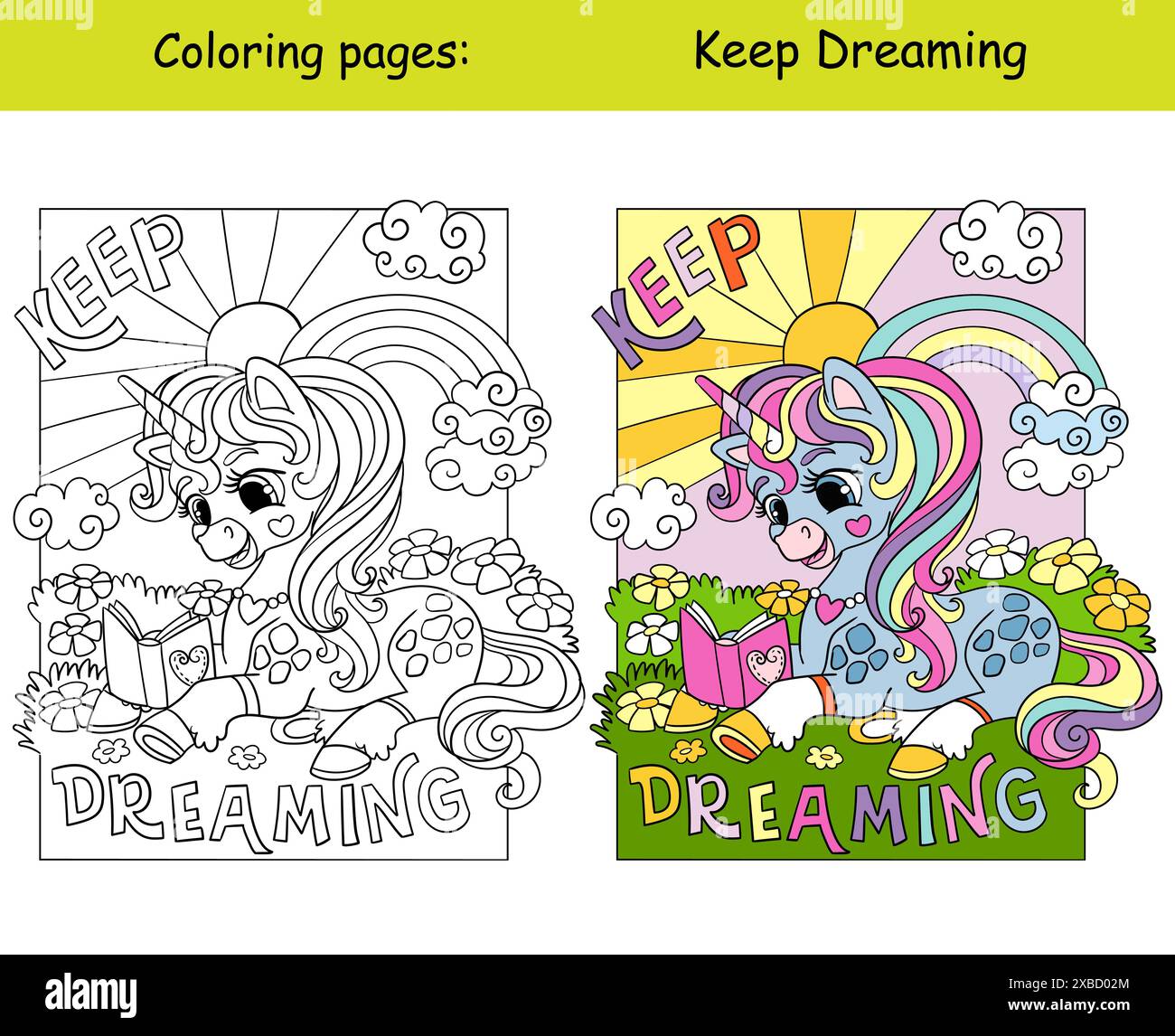 Unicorn reading the book on a blooming meadow. Keep dreaming lettering ...
