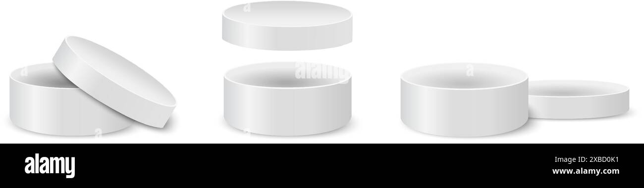 Open round box mockups. Cardboard or steel containers for gifts or hats ...