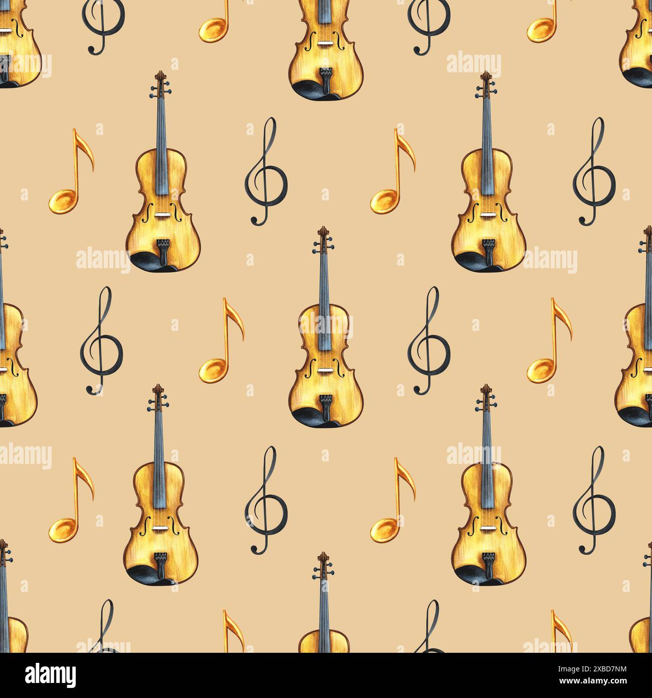 Musical seamless pattern with violins and notes. The watercolor ...